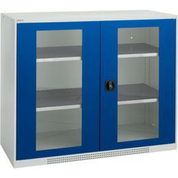 Sch&auml;fer Shop Sch&auml;fer Shop Genius Fl&uuml;gelt&uuml;renschrank FS, Stahl, Sichtfenster, L&uuml;ftungsl&ouml;cher, B 1343 x T 520 x H 1105 mm, 3 OH, Lichtgrau/Enzianblau, bis 450 kg