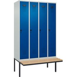 Kleiderspind C+P Evolo Plus, 4 Abteile &agrave; 300 mm Breite, schwebende Sitzbank, B 1200 x T 815 x H 2120 mm, Drehriegel, lichtgrau/enzianblau