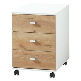 Rollcontainer Lioni, ideal f&uuml;r das Homeoffice, aus Holz, 3 Sch&uuml;be, Steggriffe, B 400 x T 490 x H 570, wei&szlig;/Eiche-Navarra