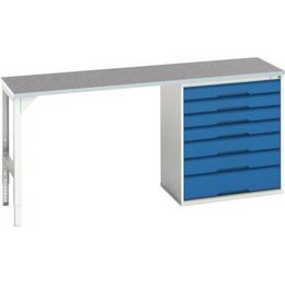 Unterbauwerkbank Bott verso, Linoleum-Platte, 7 Schubladen, B 2000 x T 600 x H 930 mm, Lichtgrau / Enzianblau