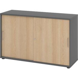 Schiebet&uuml;rschrank Breno, abschlie&szlig;bar, Spanplatte, melaminharzbeschichtet, B 1200 x T 400 x H 748 mm, 2 Ordnerh&ouml;hen, Graphit/Eiche