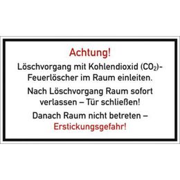 moedel Warnschild &bdquo;L&ouml;schvorgang mit CO2-Feuerl&ouml;scher im Raum&ldquo;, gem&auml;&szlig; DGUV 205-034, L 150 x B 250 mm, Folie, wei&szlig;-rot-schwarz