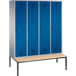 Garderobenspind Evolo S 3000, Stahl, Sitzbank, 4 Abteile mit jew. B 400 mm, Drehriegel, wei&szlig;aluminium RAL 9006/enzianblau RAL 5010
