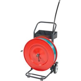 Abrollwagen Premium X, f&uuml;r Umreifungsb&auml;nder mit Kern-&Oslash; 406 mm, 4 R&auml;der, mit Radbremse & Einf&auml;delungsstab, Stahl, rot-schwarz