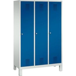 Garderobenspind Evolo S 3000, Stahl, m. F&uuml;&szlig;en, 3 Abteile, Zylinderschloss, lichtgrau RAL 7035/enzianblau RAL 5010