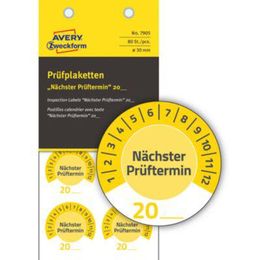 Avery Zweckform Pr&uuml;fplakette 7905 &bdquo;N&auml;chster Pr&uuml;ftermin&ldquo; 20__zum Selbereintragen, extrem robust, &Oslash; 30 mm, 80 St&uuml;ck/10 Bogen, Vinylfolie, gelb