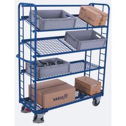Etagenwagen, Stahl/Drahtgitter, Enzianblau, 4 Etagen, 1650 x 650 mm, Stirnwände mit Rundstahlverstrebung, EasySTOP, bis 400 kg