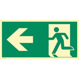 moedel Fluchtwegschild &bdquo;Notausgang links Pfeil links&ldquo;, nach ISO 7010 E001, Aluminium 0,6 mm, langnachleuchtend, B 297 x H 148 mm
