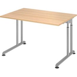 Schreibtisch Breno, manuelle H&ouml;heneinstellung, horizontaler Kabelkanal, B 1200 x T 800 x H 680-820 mm, Spanplatte & Stahl, Eiche/Silber