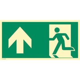 moedel Fluchtwegschild "Notausgang links Pfeil oben", nach ISO 7010 E001, Kunststoff selbstklebend, langnachleuchtend, B 400 x H 200 mm