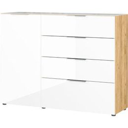 Sideboard, mit 4 Schubladen und 1 Tür, Glasfront- und auflage, B 1340 x T 420 x H 1020 mm, Navarra-Eiche/weiß