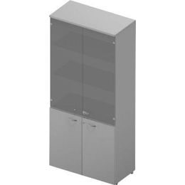 Schrank ARLON OFFICE, 5 Ordnerh&ouml;hen, 2 Glast&uuml;ren, 2 Melamint&uuml;ren, H 2000 mm, lichtgrau/alu