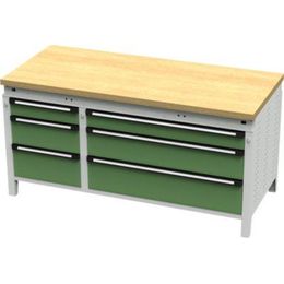 Otto Kind Breitfachwerkbank Typ 420, b&uuml;ndig, Buche Multiplexplatte, bis 1400 kg, B 1697 x T 750 x H 850 mm, Stahl, Zentralverschluss, lichtgrau/resedagr&uuml;n