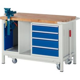 Rau Werkbank Modell 8185, fahrbar, absenkbar, mit Schrank und Schubladen, B 1250 x T 700 x H 880 mm