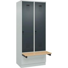 Kleiderspind C+P Evolo Plus, 2 Abteile &agrave; 400 mm Breite, Sockel, schwebende Sitzbank, B 800 x T 815 x H 1950 mm, Drehriegel, lichtgrau/anthrazitgrau