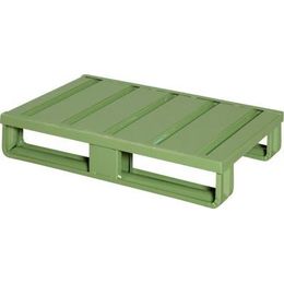 Stahlflachpalette, bis 1500 kg, geschlossenes Oberdeck, 2 Stahlkufen, L 800 x B 500 x H 130 mm, Stahl, Resedagr&uuml;n RAL 6011