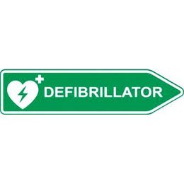 Defibrillator-AED-Standort-Stra&szlig;enschild, Pfeilform, rechtsweisend, nachtleuchtend, wetterfest, Dibond-Druck, L 600 x H 150 mm, gr&uuml;n-wei&szlig;