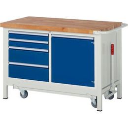 Rau Werkbank Serie 8470, absenkbar, fahrbar, 4 Schubladen und Fachboden, B 1250 x T 700 x H 880 mm