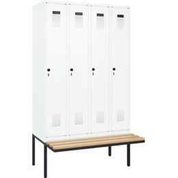 Kleiderspind C+P Evolo Plus, 4 Abteile &agrave; 300 mm Breite, schwebende Sitzbank, B 1200 x T 815 x H 2120 mm, Drehriegel, verkehrswei&szlig;/verkehrswei&szlig;