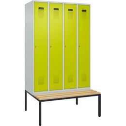 Kleiderspind C+P Evolo Plus, 4 Abteile, 300 mm Abteilbreite, mit untergebauter Sitzbank, B 1200 x T 815 x H 2120 mm, Zylinder, lichtgrau/clowngr&uuml;n