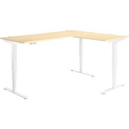 Sch&auml;fer Shop Winkelschreibtisch AERO FLEX, elektrisch h&ouml;henverstellbar, 90&deg; Winkel, T-Fu&szlig;, B 2000 x T 1600 mm, Ahorn/wei&szlig; + Memorypanel