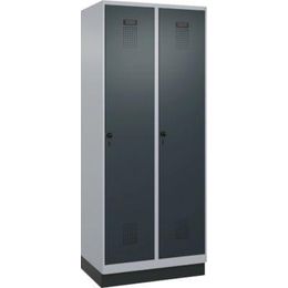 Kleiderspind C+P Evolo Plus, 2 Abteile, 400 mm Abteilbreite, mit Sockel, Anschlag rechts, B 800 x T 500 x H 1950 mm, Drehriegel, wei&szlig;aluminium/anthrazitgrau