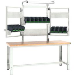 Systemwerkbank Bott cubio, mit Aufnahme- und Schwenkrahmen, Leuchte, Buche-Multiplexplatte, bis 800 kg, B 2000 x T 750 mm, Lichtgrau