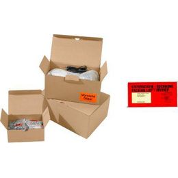 Versandkartons mit Automatikboden, Innenma&szlig;e L 175 x B 105 x H 75 mm, 100 St&uuml;ck + 250 Lieferscheintaschen DEBATEC, DIN lang, Fenster & Aufdruck, rot