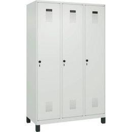 Kleiderspind C+P Evolo Plus, 3 Abteile, 400 mm Abteilbreite, mit F&uuml;&szlig;en, Anschlag rechts, B 1200 x T 500 x H 1950 mm, Drehriegel, lichtgrau/lichtgrau