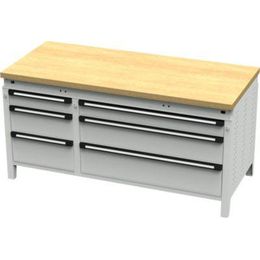 Otto Kind Breitfachwerkbank Typ 420, b&uuml;ndig, Buche Multiplexplatte, bis 1400 kg, B 1697 x T 750 x H 850 mm, Stahl, Zentralverschluss, lichtgrau/lichtgrau