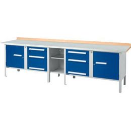 Sch&auml;fer Shop Kastenwerkbank Sch&auml;fer Shop Select PWi 300-2, Buche Multiplexplatte, mit Stahlabdeckung, bis 750 kg, B 3000 x T 700 x H 840 mm, Enzianblau