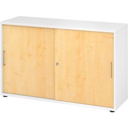 Schiebetürschrank Breno, abschließbar, Spanplatte, melaminharzbeschichtet, B 1200 x T 400 x H 748 mm, 2 Ordnerhöhen, weiß/Ahorn