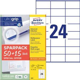 Avery Zweckform Etiketten 6602, universal, ultragrip, geeignet f&uuml;r Inkjet- & Laserdrucker, 70 x 36 mm, 1560 St&uuml;ck/65 A4-Bogen, FSC&reg;-Papier, wei&szlig;