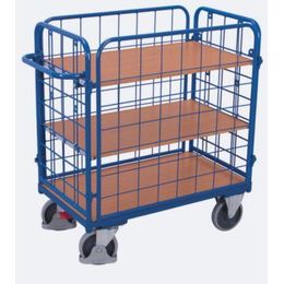 Drahtgitter-Etagenwagen, Stahl/MDF-Platte, Enzianblau/Buche-Dekor, 1 Etage, 850 x 500 mm, einh&auml;ngbare L&auml;ngsw&auml;nde, EasySTOP, bis 400 kg