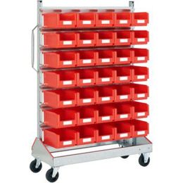Sichtrollwagen f. Sichtlagerk&auml;sten, einseitig, B 1130 x T 510 x H 1705 mm, 35 x 7,5 l rot