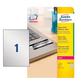 Avery Zweckform Typenschildetiketten L6013-20, extrem robust, geeignet f&uuml;r SW-Laserdrucker, 210 x 297 mm, 20 St&uuml;ck/20 A4-Bogen, Polyesterfolie, silber