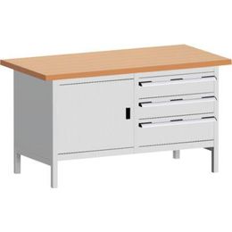 Bott Kastenwerkbank KW-1578-2.3, 3 geschlossene Schubladen, Fl&uuml;gelt&uuml;r, Rotbuchenholz-Arbeitsplatte, 1500 x 750 x 840 mm, lichtgrau/lichtgrau