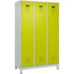 Kleiderspind C+P Evolo Plus, 3 Abteile, 400 mm Abteilbreite, mit F&uuml;&szlig;en, Anschlag rechts, B 1200 x T 500 x H 1950 mm, Zylinder, lichtgrau/clowngr&uuml;n
