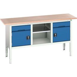 Kastenwerkbank Bott verso, Multiplex-Platte, 2 Schubladen, 1 Ablageboden, 2 T&uuml;ren, B 1750 x T 600 x H 830 - 930 mm, Lichtgrau / Enzianblau