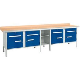 Sch&auml;fer Shop Kastenwerkbank Sch&auml;fer Shop Select PWi 300-0, Buche Multiplexplatte, mit Stahlkante, bis 750 kg, B 3000 x T 700 x H 840 mm, Enzianblau