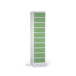 Laptopschrank mit Ladefunktion, 10 Abteile mit Zylinderschloss, Stahlblech lichtgrau RAL 7035/resedagr&uuml;n RAL 6011