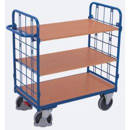 Etagenwagen, Stahl/MDF-Platte, Enzianblau/Buche-Dekor, 3 Etagen, 1000 x 700 mm, Stirnw&auml;nde aus Drahtgitter, EasySTOP, bis 500 kg
