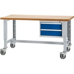 Sch&auml;fer Shop Sch&auml;fer Shop Select Werkbank, mobil, h&ouml;henverstellbar, Unterbau, 2 Sch&uuml;be & Zentralverschluss, bis 200 kg, B 1500 mm, w.alu. RAL 9006/enz.blau RAL 5010