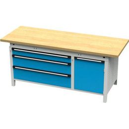 Otto Kind Breitfachwerkbank Typ 435, Buche Multiplexplatte, &uuml;berstehend, bis 1400 kg, B 2004 x T 750 x H 850 mm, Stahl, Zentralverschluss, lichtgrau/lichtblau