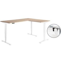Sch&auml;fer Shop Sch&auml;fer Shop Genius Winkelschreibtisch AERO FLEX, elektrisch h&ouml;henverstellbar, 90&deg; Winkel, C-Fu&szlig;, B 2000 x T 1600 mm, Eiche-Dekor/wei&szlig;, Memorypanel + Kabelkanal
