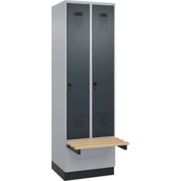 Kleiderspind C+P Evolo Plus, 2 Abteile &agrave; 300 mm Breite, Sockel, schwebende Sitzbank, B 600 x T 815 x H 1950 mm, Drehriegel, wei&szlig;aluminium/anthrazitgrau