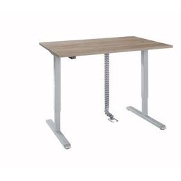 Schreibtisch, elektrisch h&ouml;henverstellbar, inkl. Kabelkette & Kabelkanal, Rechteck, T-Fu&szlig;, B 1200 x T 800 x H 715-1205 mm, Wildeiche/wei&szlig;aluminium