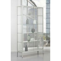 Stand-Pr&auml;sentationsvitrine, doppelfl&uuml;glige Drehfl&uuml;gelt&uuml;r, Aluminium-Rahmen, ESG-Verglasung, B 1000 x T 400 x H 1950 mm, silber