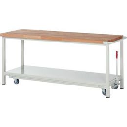 Rau Werkbank Serie 8000, fahrbar, absenkbar, Ablageboden, B 2000 x T 700 x H 880 mm