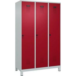 Kleiderspind C+P Evolo Plus, 3 Abteile, 400 mm Abteilbreite, mit F&uuml;&szlig;en, Anschlag rechts, B 1200 x T 500 x H 1950 mm, Drehriegel, lichtgrau/rubinrot